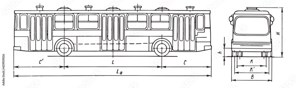 Vector engineering drawing of a bus with dimensional lines and ...