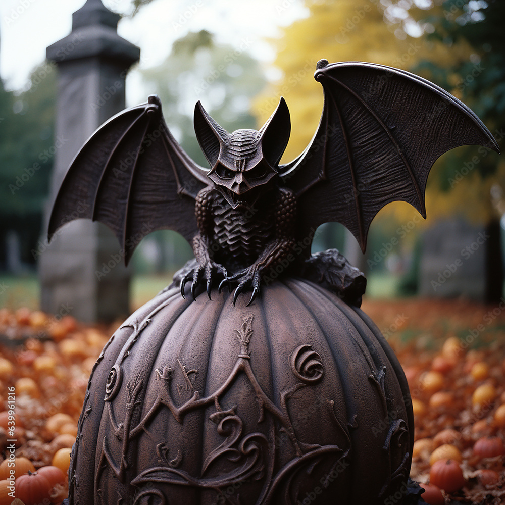Scary terrible bat vampire with black wings on pumpkin, horror ...