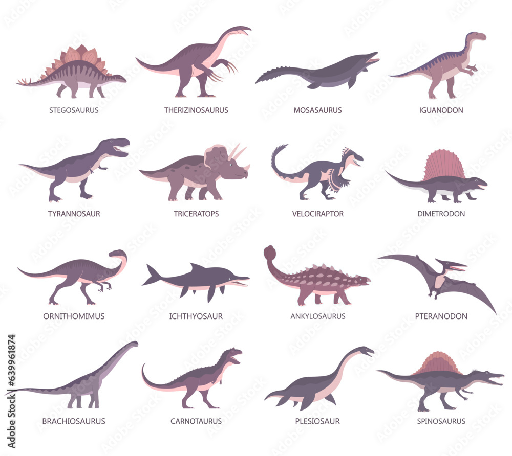 Set of ancient carnivorous and herbivorous dinosaurs. Brachiosaurus, t ...