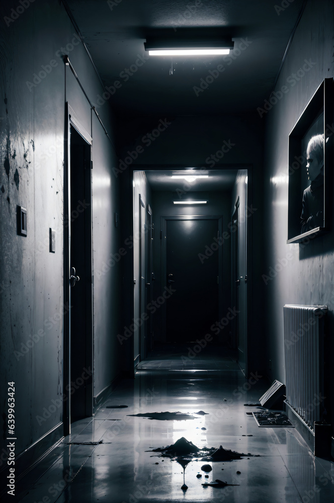 Photo & Art Print Spooky corridor, with a frame of a scary child ...