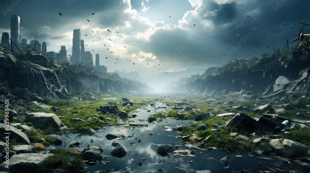 Nature landscape, polluted with waste and trash. Ecological damage ...