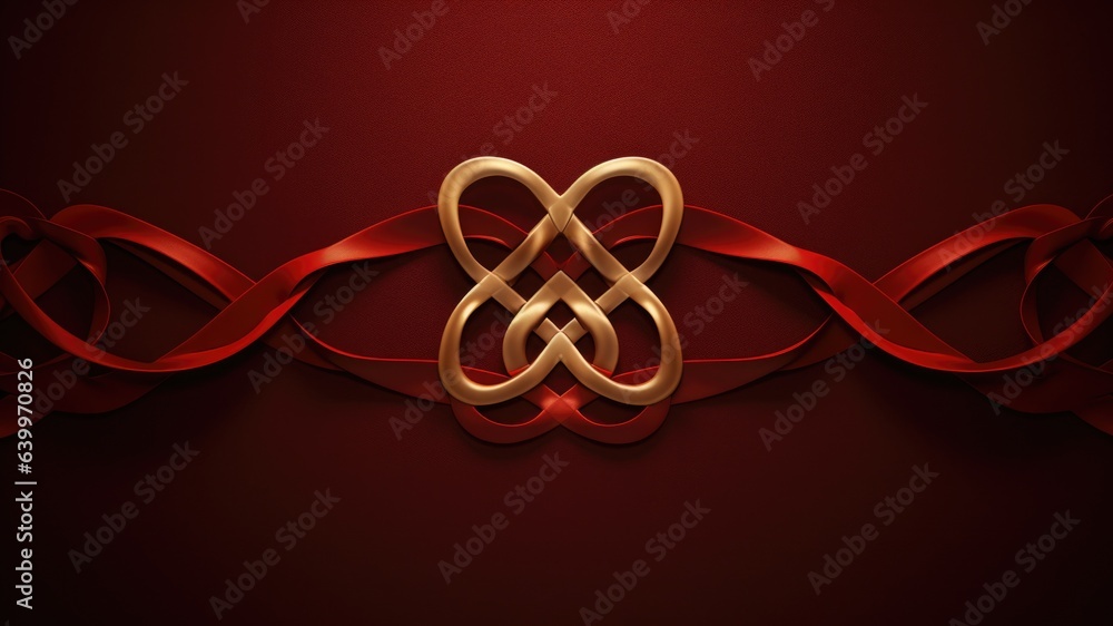 Red ribbon with metallic gold knots on a red background, intertwined ...