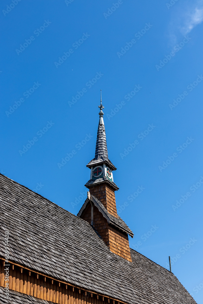 Low angle view of a 20th century wooden built church steeple in the ...