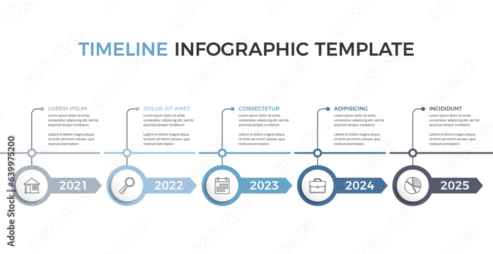 Horizontal timeline infographics template with five arrows with place ...