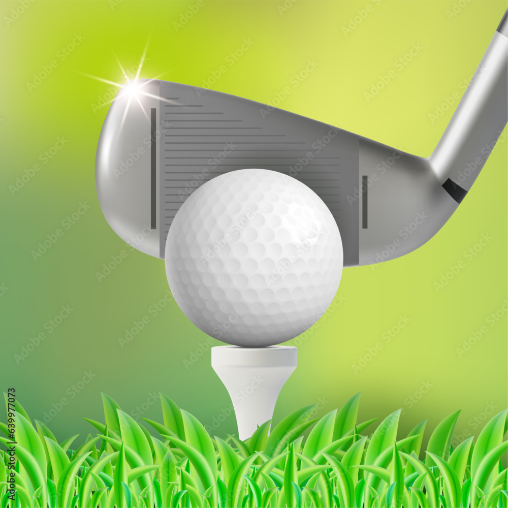 Realistic Detailed 3d Golf Ball and Stick on a Green Field Background ...