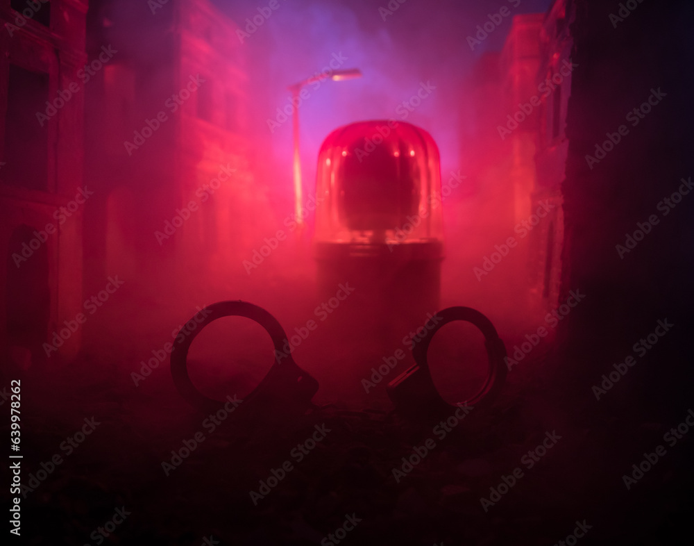 Police raid at night and you are under arrest concept. Silhouette of ...