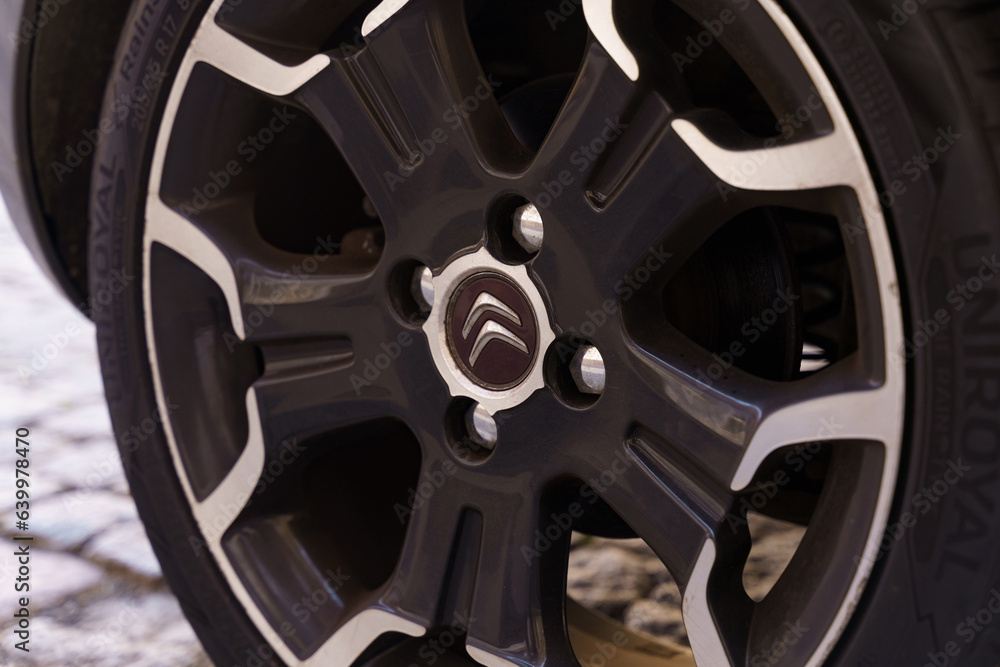 Citroen company logo on a metal wheel rim. Stock Photo | Adobe Stock