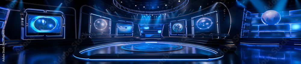 Empty TV studio set for breaking news with podium and spotlight mock up ...