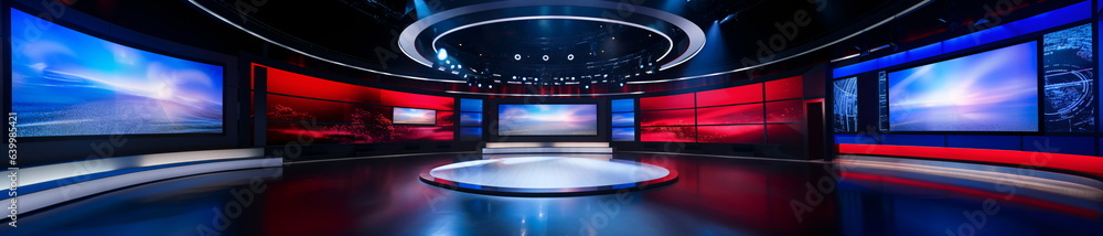 Empty TV studio set for breaking news with podium and spotlight mock up ...