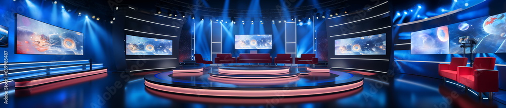 Empty TV studio set for breaking news with podium and spotlight mock up ...