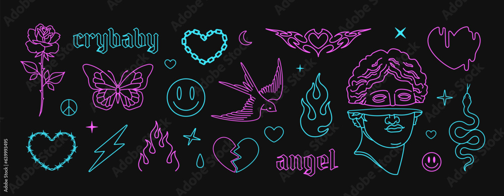 Y2k Tattoo art stickers in 90s - 00s style. Butterfly, barbed wire ...