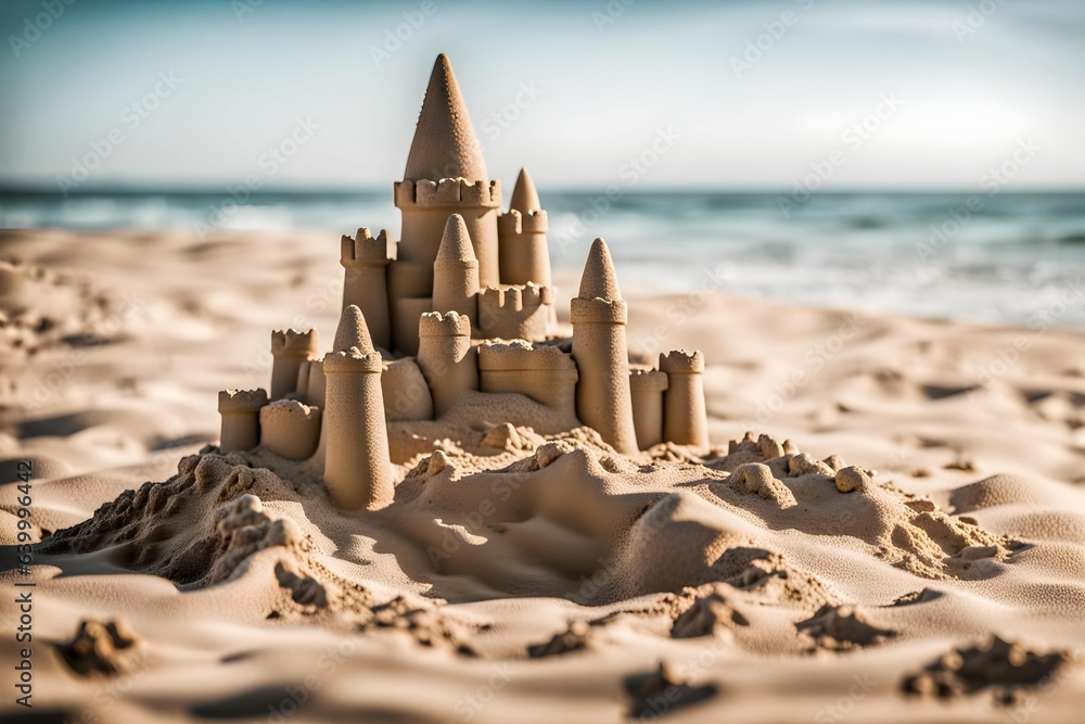 photograph of a simple sandcastle on the beach, ocean in the background ...