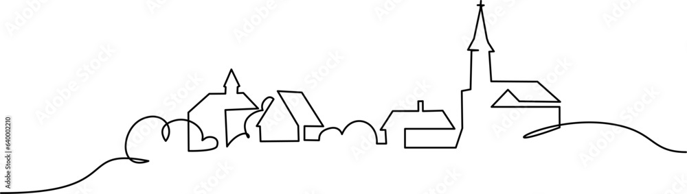Village with church. Continuous one line art drawing style. Stock ...