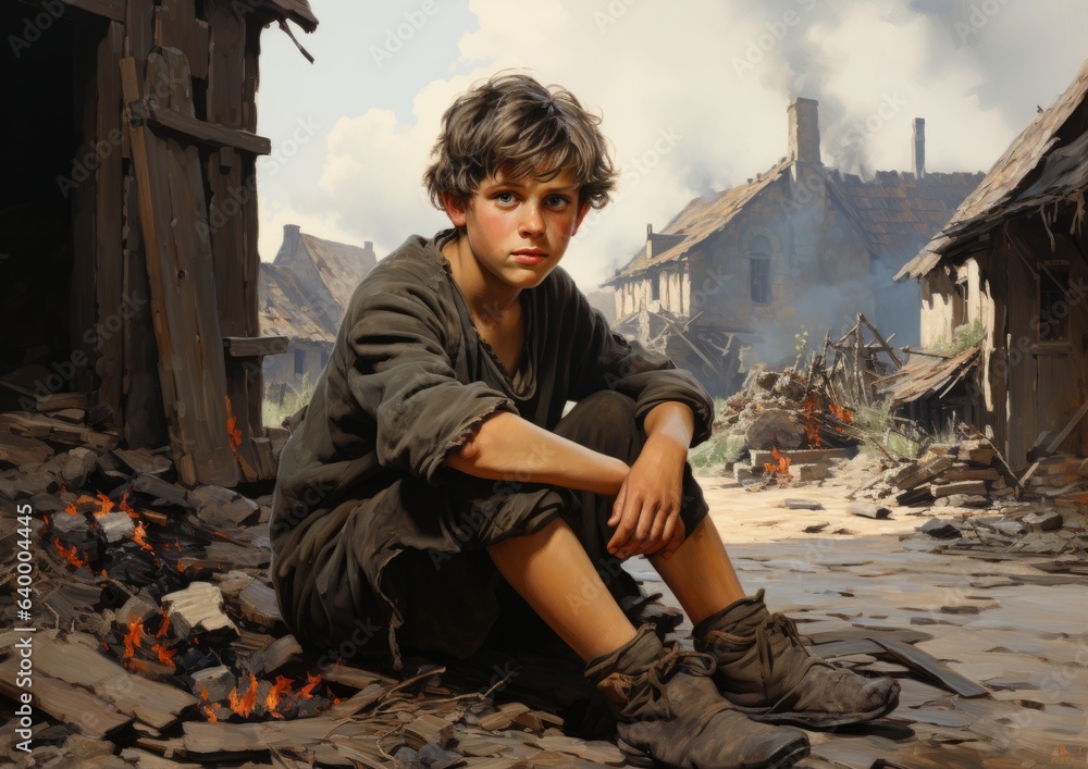 An orphan boy in the ruins of a city after an earthquake or war, the ...