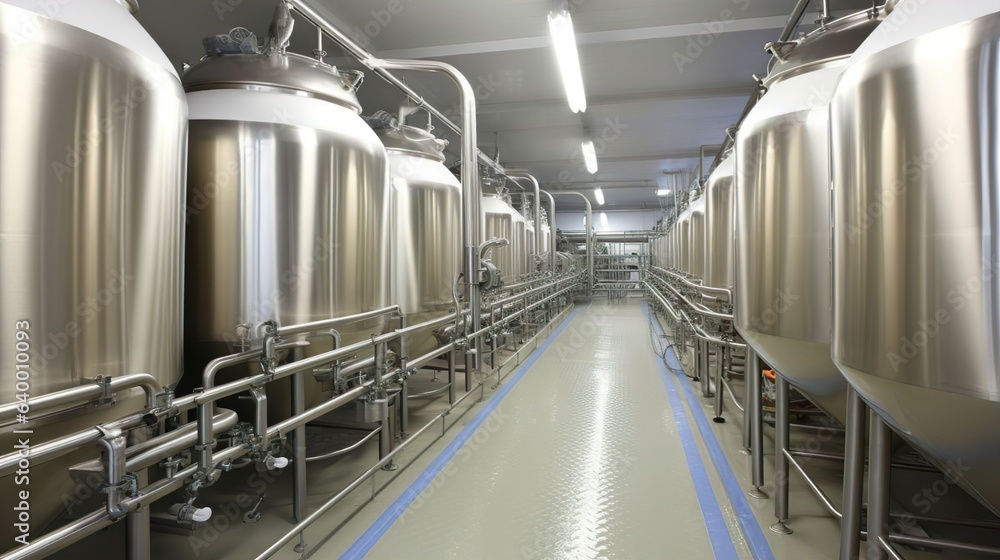 Modern milk cellar with stainless steel leg support tanks. Process of ...