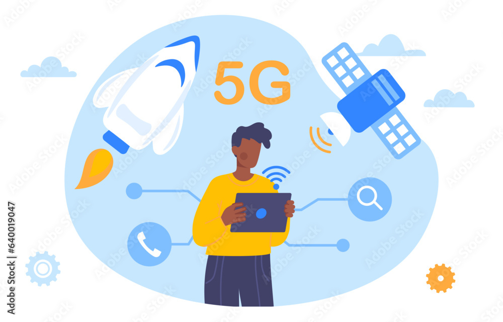 Man with 5G concept. Young guy with tabet at background of satellite ...