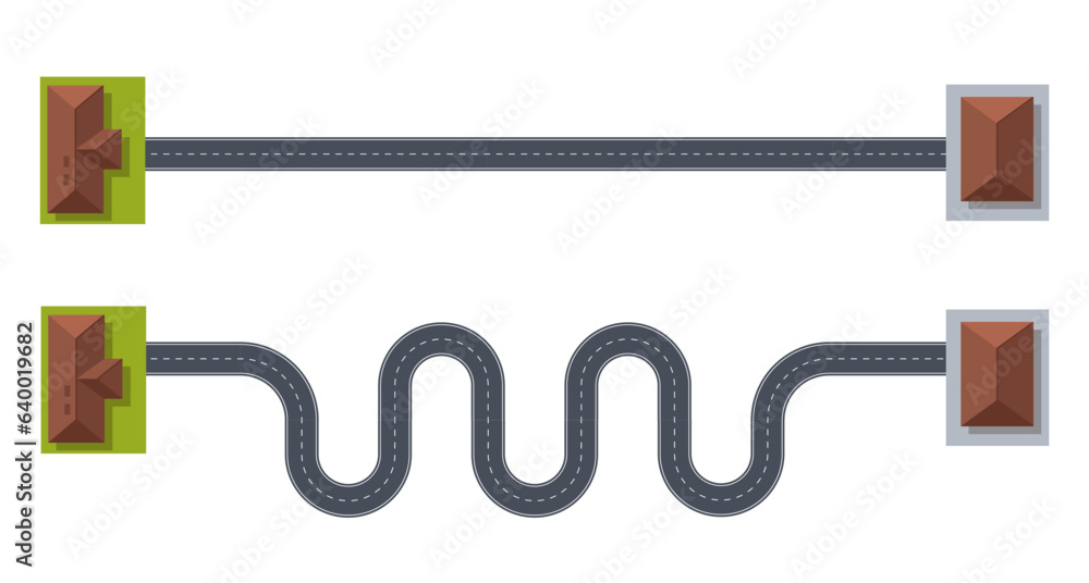 Concept of short, straight path and long way, winding path. Top view on ...