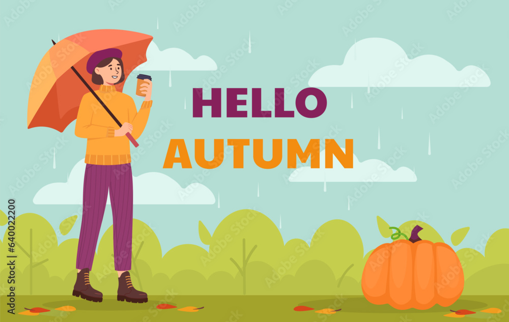 Hello autumn poster concept. Young girl with umbrella under rain with ...