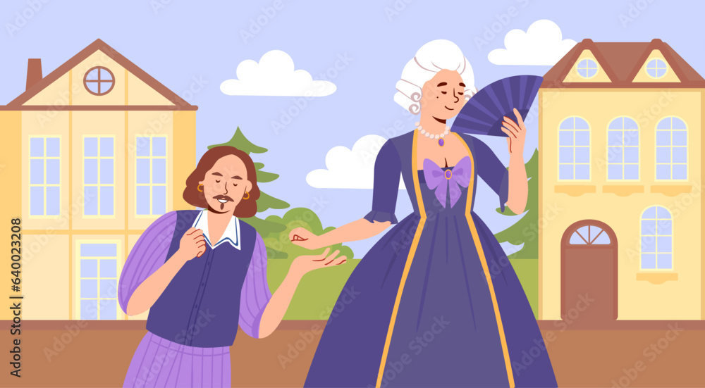 Medieval people concept. Woman and man in traditional clothes. Young ...