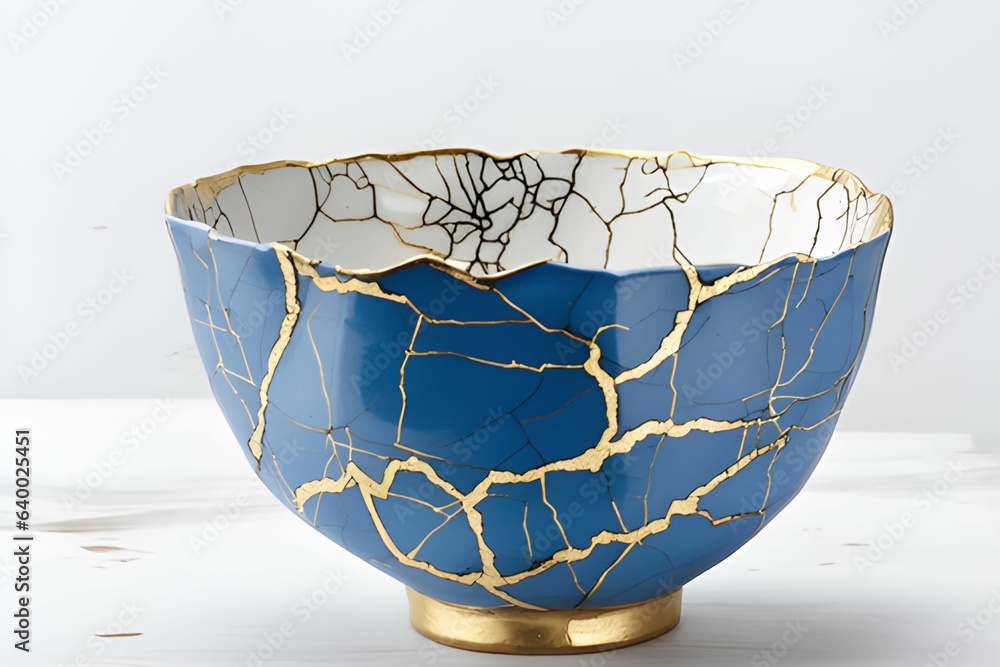 Ocean Blue Old Japanese bowl, restored using gold to kintsugi art style ...