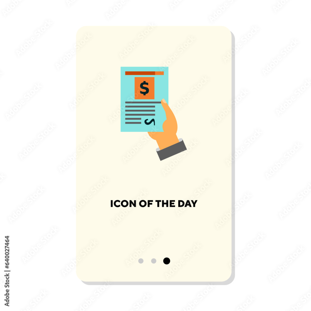 Hand of businessman holding contract or bill flat icon. Vertical sign ...