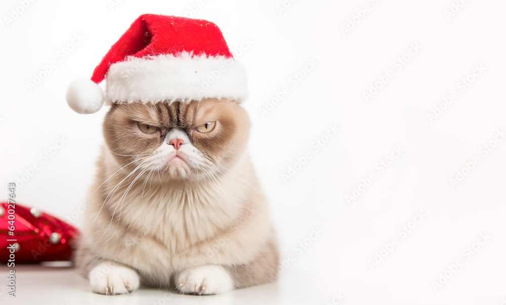 Funny Angry cat wearing in red Santa hat isolated on transparent ...