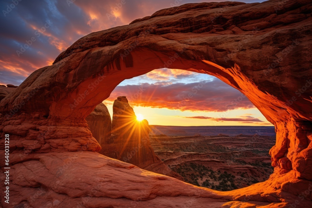 A breathtaking view of a natural delicate red rock arch against a ...