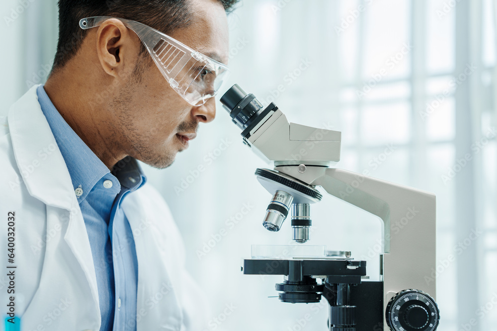 Asian male scientists white coat conducting research investigations ...
