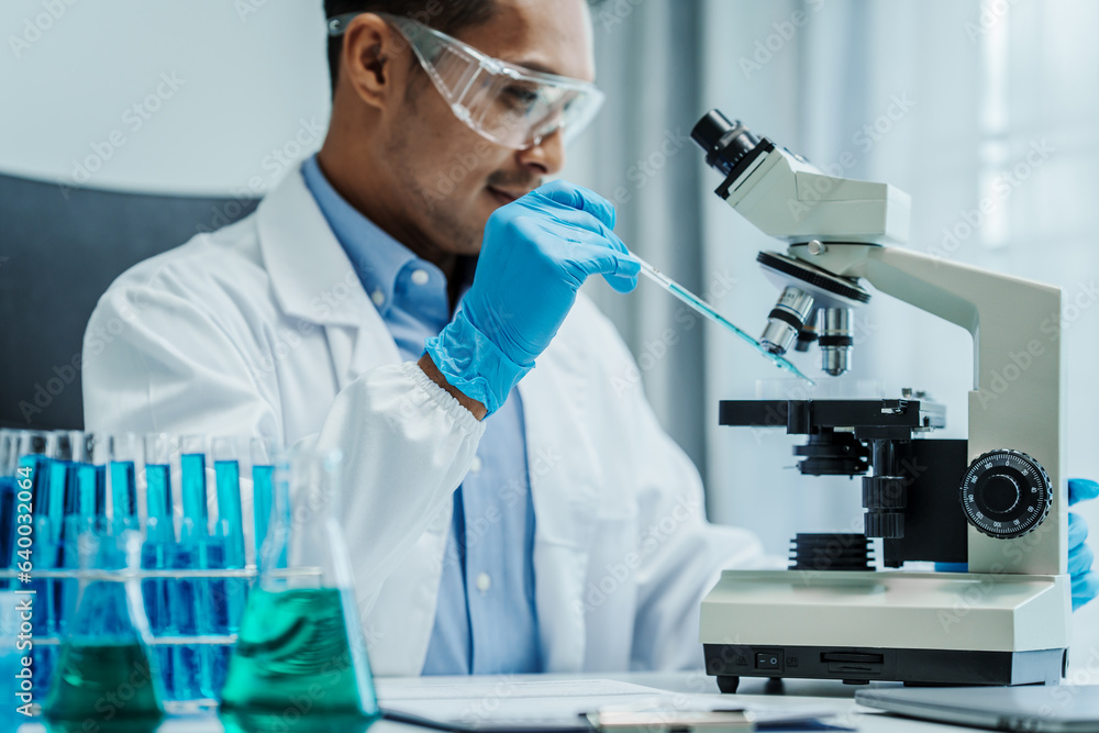 Asian male scientists white coat conducting research investigations ...