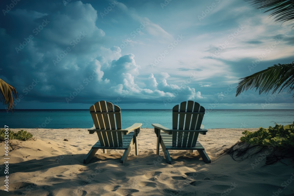 two empty beach chairs shown from behind on a beach on a tropical ...