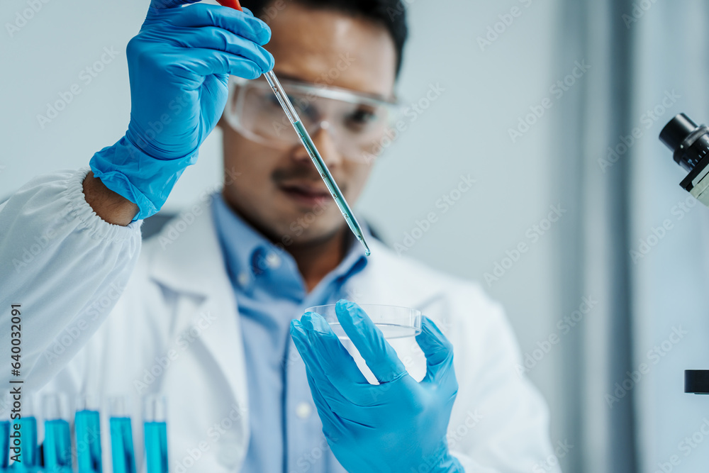 Asian male scientists white coat conducting research investigations ...