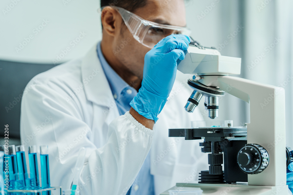 Asian male scientists white coat conducting research investigations ...