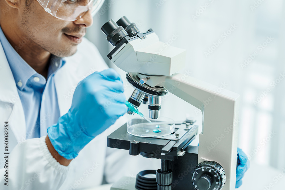 Asian male scientists white coat conducting research investigations ...