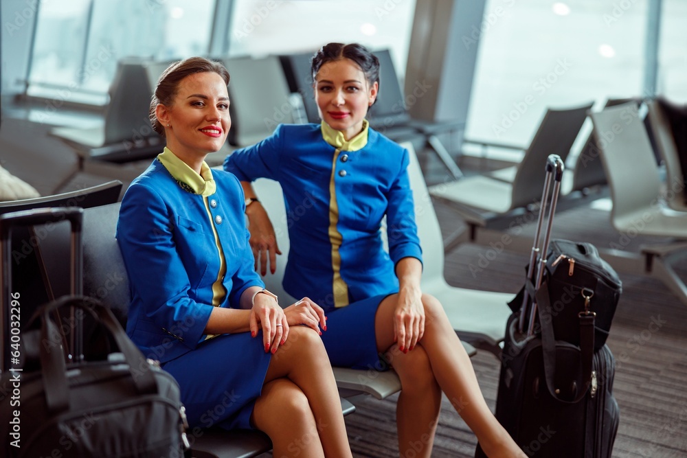 Female flight attendants in air hostess uniform looking at camera and ...