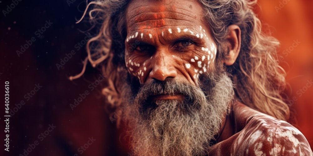 Aboriginal Australian in Traditional Paint on Outback Red Earth ...