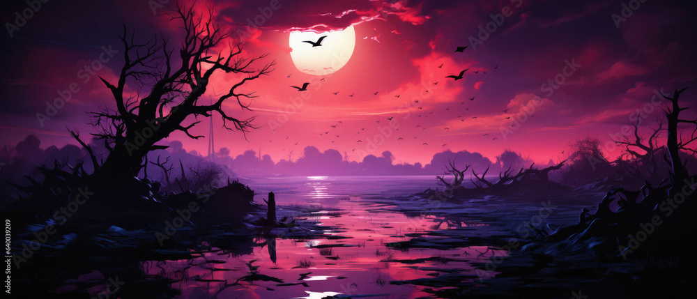 Happy Halloween spooky scary moon night scene horror landscape ...