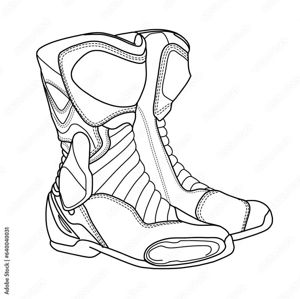 Technical sketch drawing of pair Motorcycle racing boots line art, flat ...