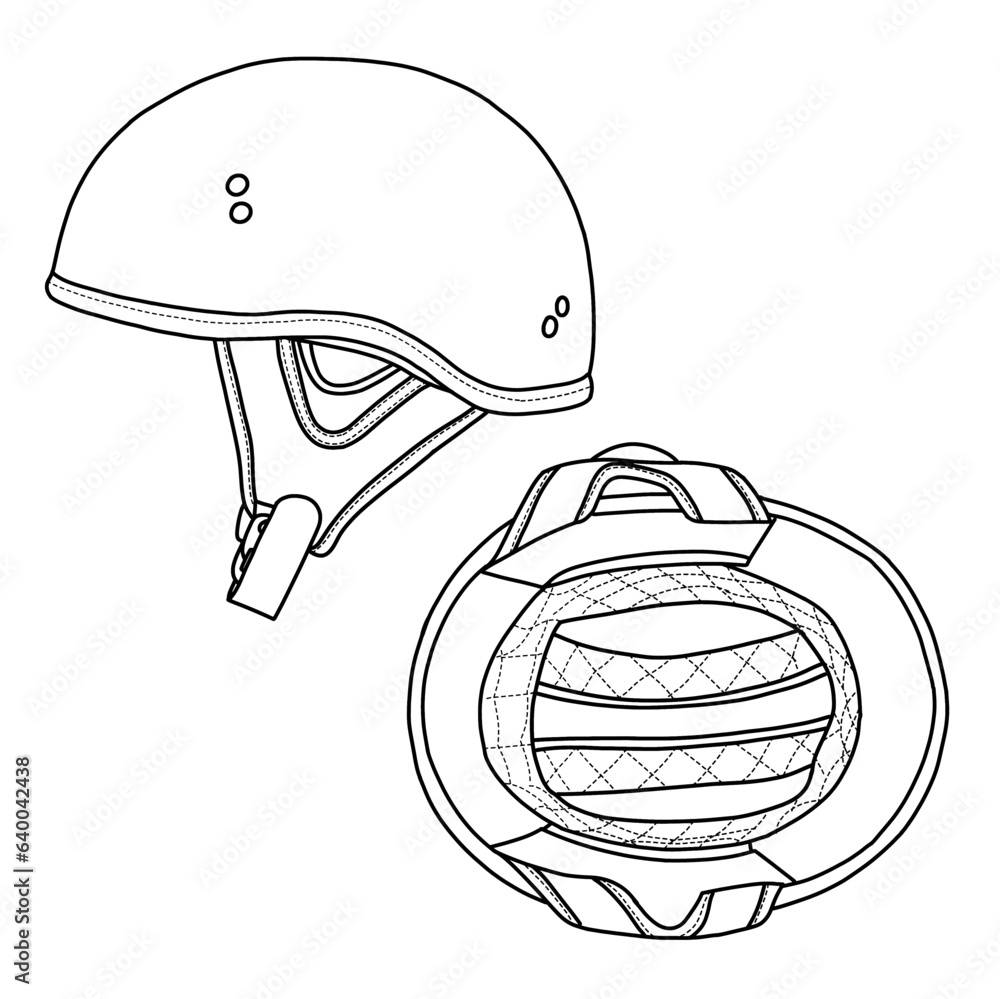 Technical sketch drawing of half face helmet line art,side and bottom ...