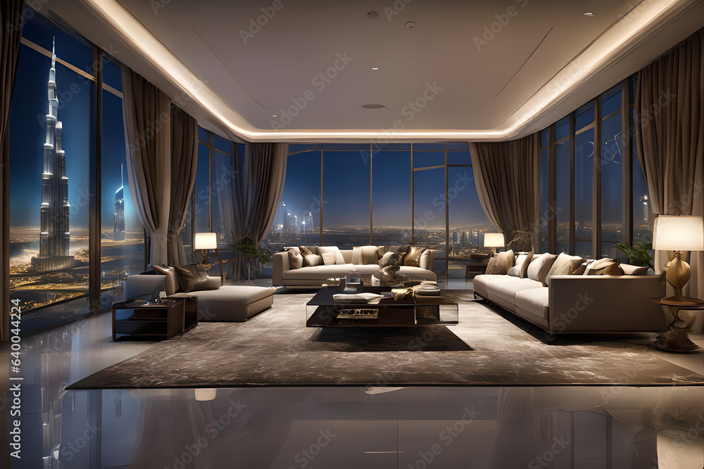 Premium luxury hotel in Dubai. Modern high class hotel room with night ...