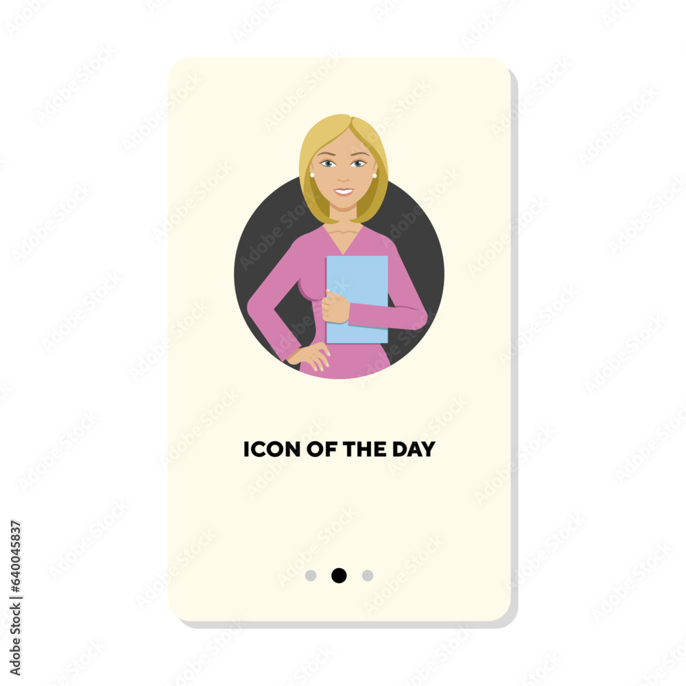 Smiling face of woman with documents flat vector icon. Female office ...