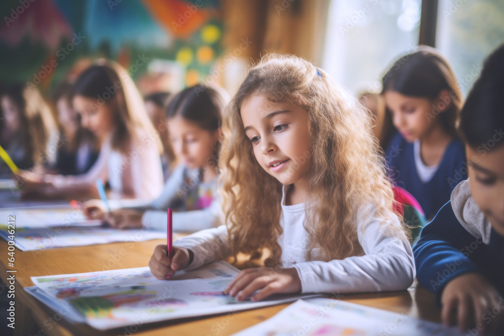 A group of children in their classroom, focused on doing their tasks in ...
