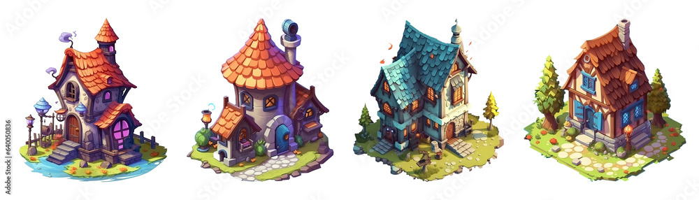 A set of small cute houses with a tiled roof on a transparent ...