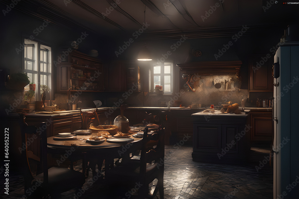 Black gloomy wooden kitchen room with dining table and lights from the ...