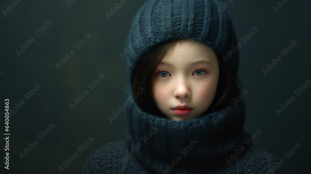 Studio portrait of a young child wear a grey wool sweater and hat. She ...