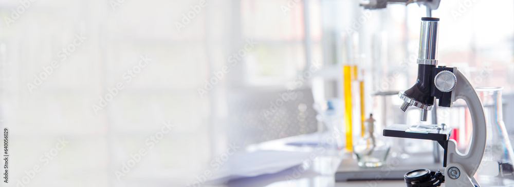 Banner Science chemistry glass tubes object on lab background. Wide ...