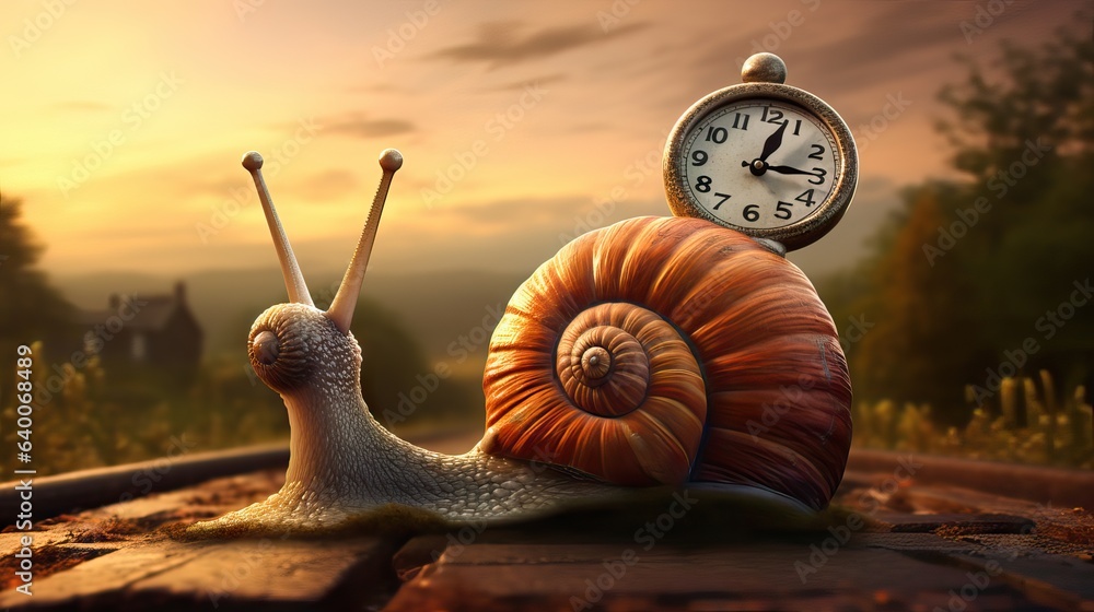 An imaginative image depicting a snail zooming rapidly toward a finish ...