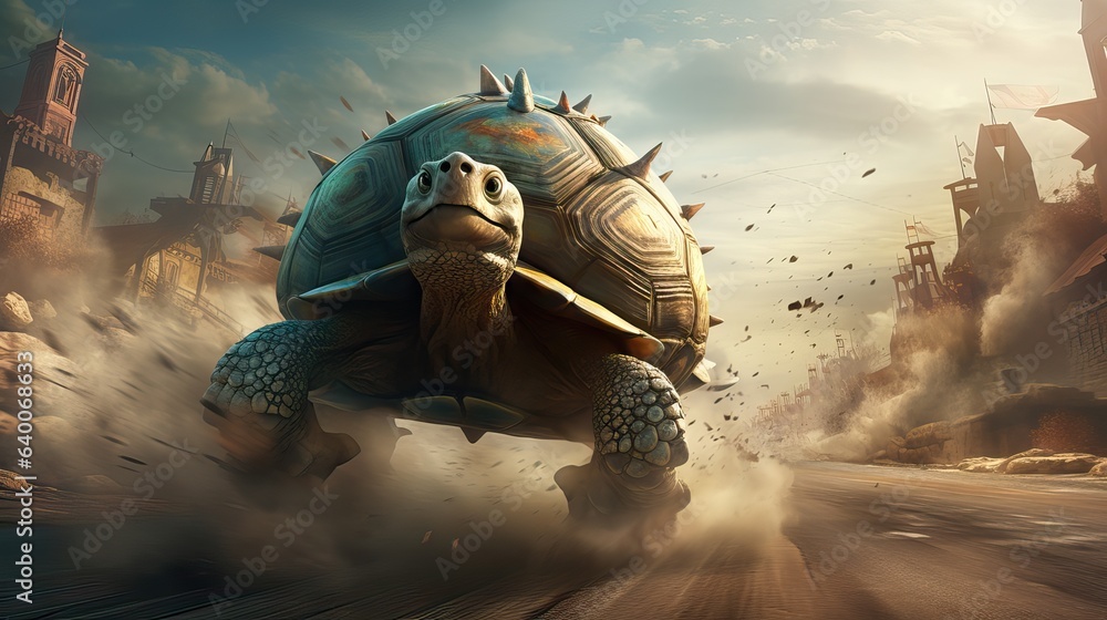 An exhilarating image of a turtle sprinting at full speed, kicking up ...