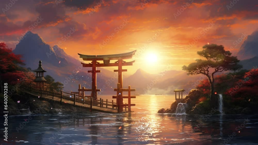 sunset day background, riverside torii door in a japanese village ...