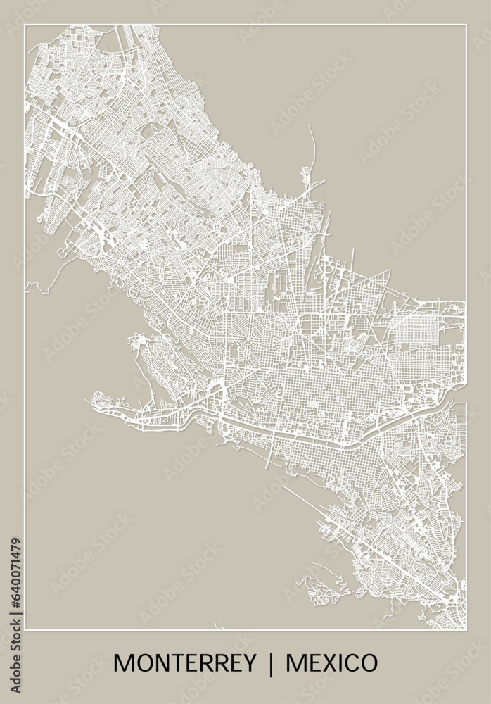Monterrey (Nuevo León, Mexico) street map outline for poster, paper ...