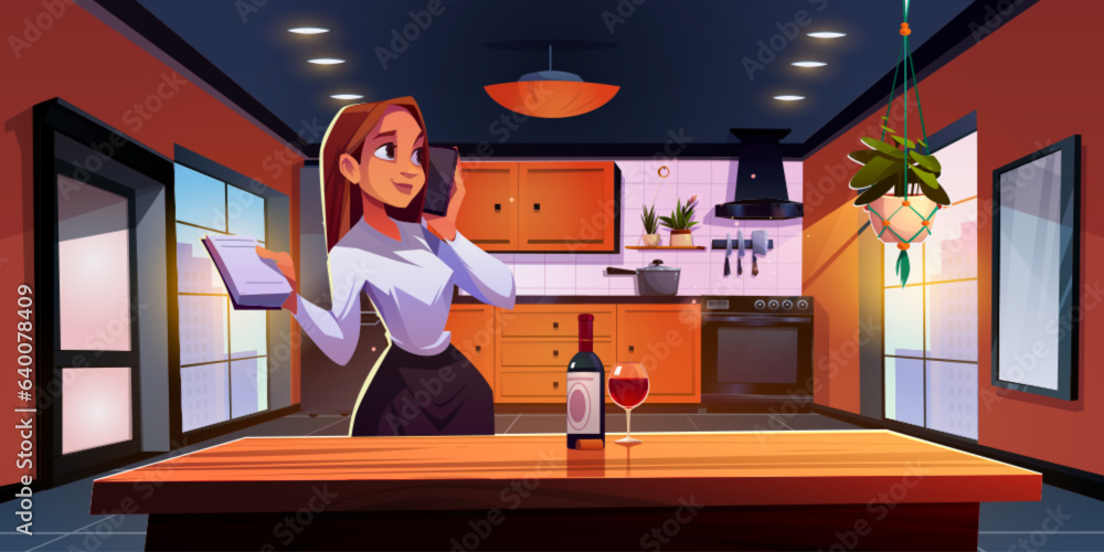 Woman with phone in kitchen room with wine bottle cartoon illustration ...